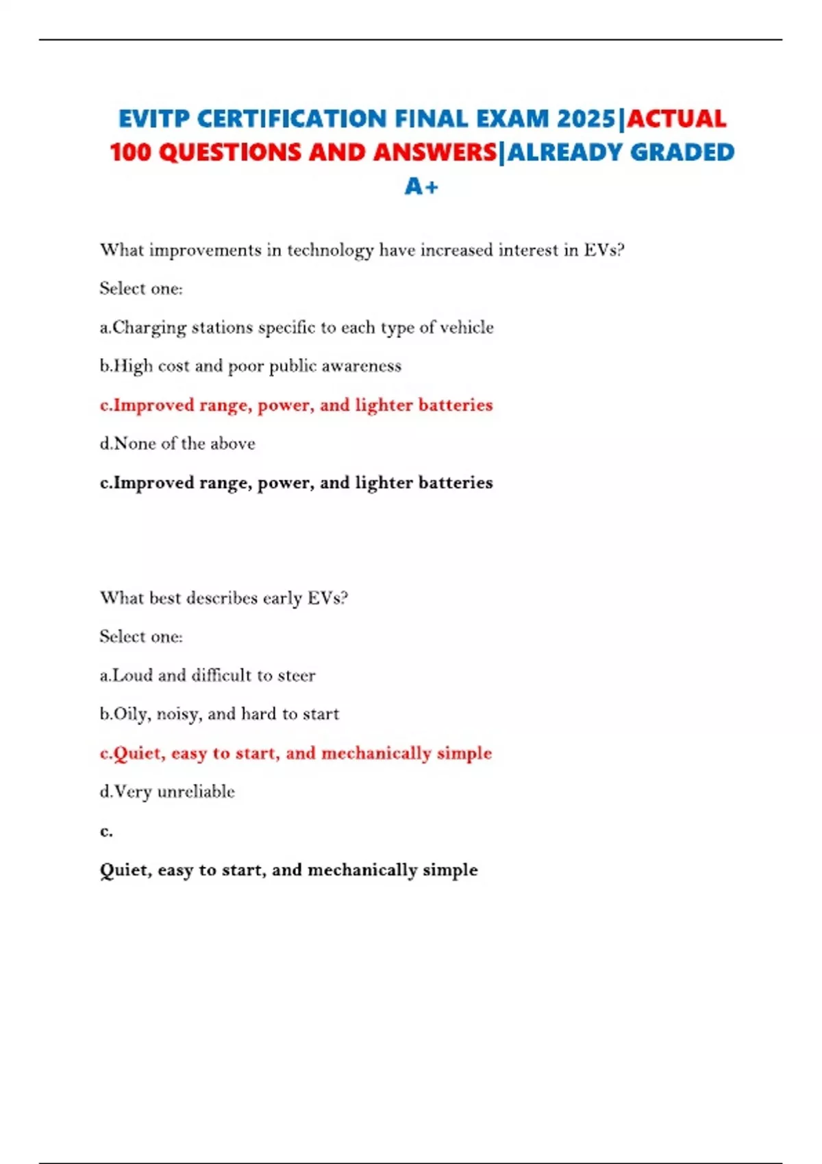 EVITP CERTIFICATION FINAL EXAM 2025|ACTUAL 100 QUESTIONS AND ANSWERS ...