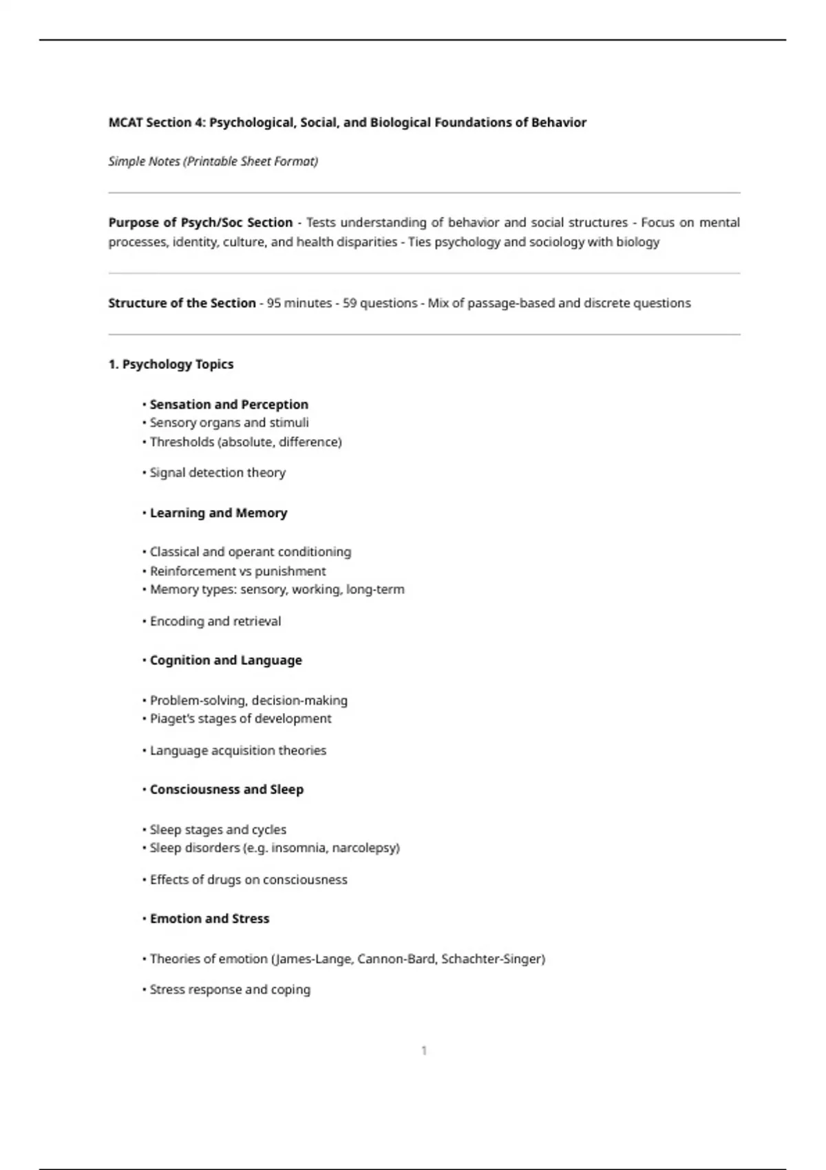 Summary MCAT Psych/Soc – Simplified Notes for Psychological, Social ...