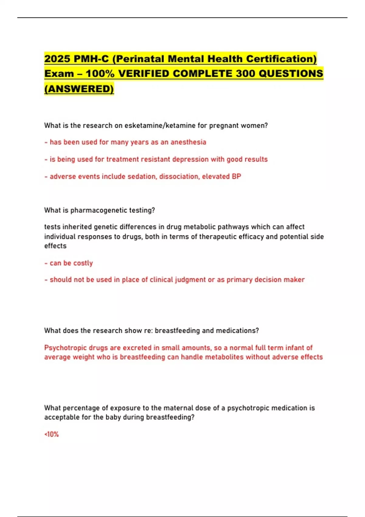 2025 PMH-C (Perinatal Mental Health Certification) Exam – 100% VERIFIED COMPLETE 300 QUESTIONS ...