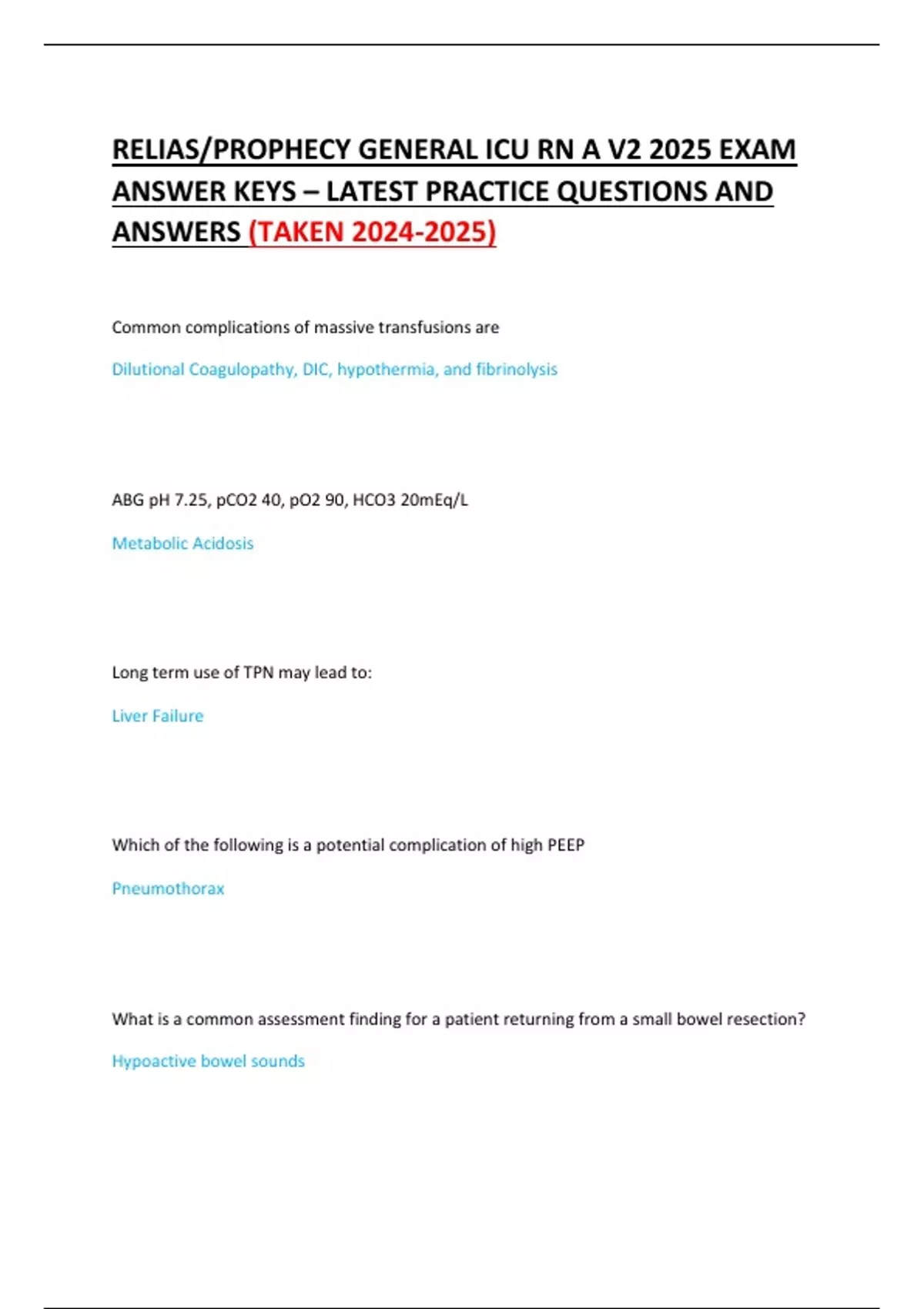 RELIAS/PROPHECY GENERAL ICU RN A V2 2025 EXAM ANSWER KEYS – LATEST ...