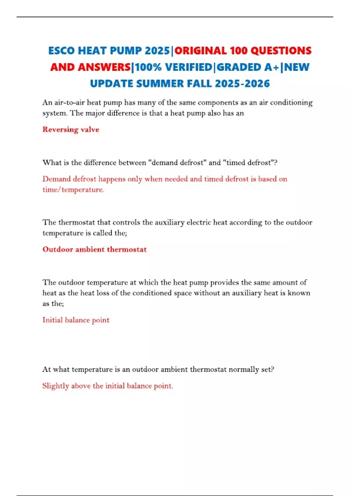 ESCO HEAT PUMP 2025|ORIGINAL 100 QUESTIONS AND ANSWERS|100% VERIFIED ...