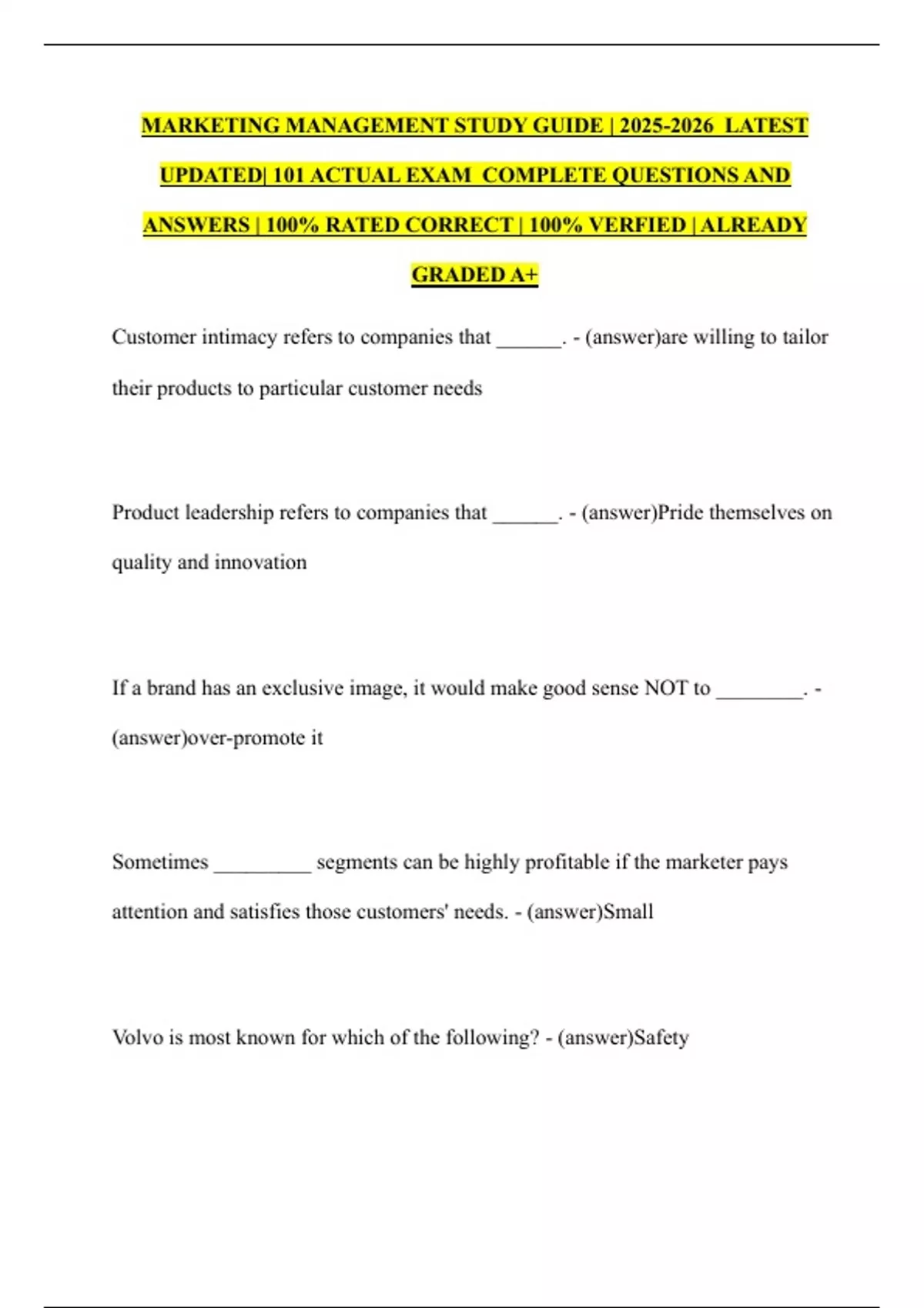 MARKETING MANAGEMENT STUDY GUIDE | LATEST UPDATED| 101 ACTUAL EXAM ...