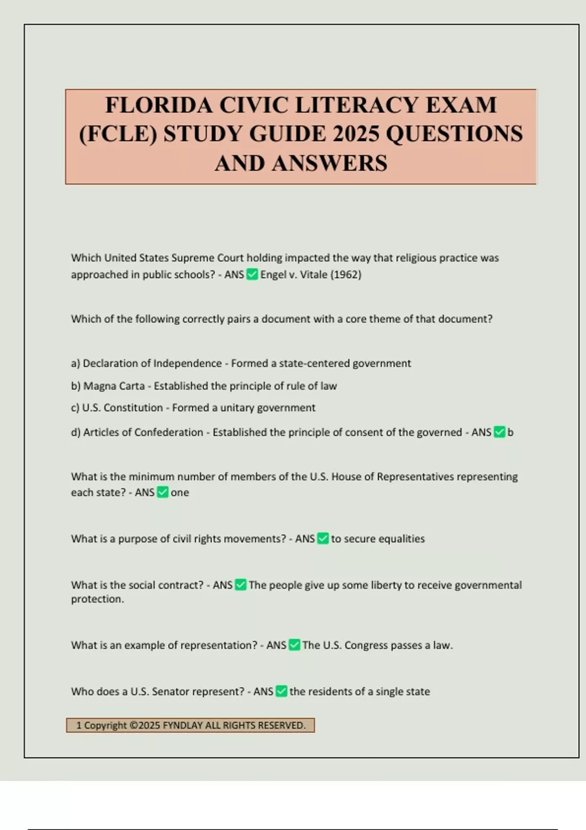 FLORIDA CIVIC LITERACY EXAM (FCLE) STUDY GUIDE 2025 QUESTIONS AND ...