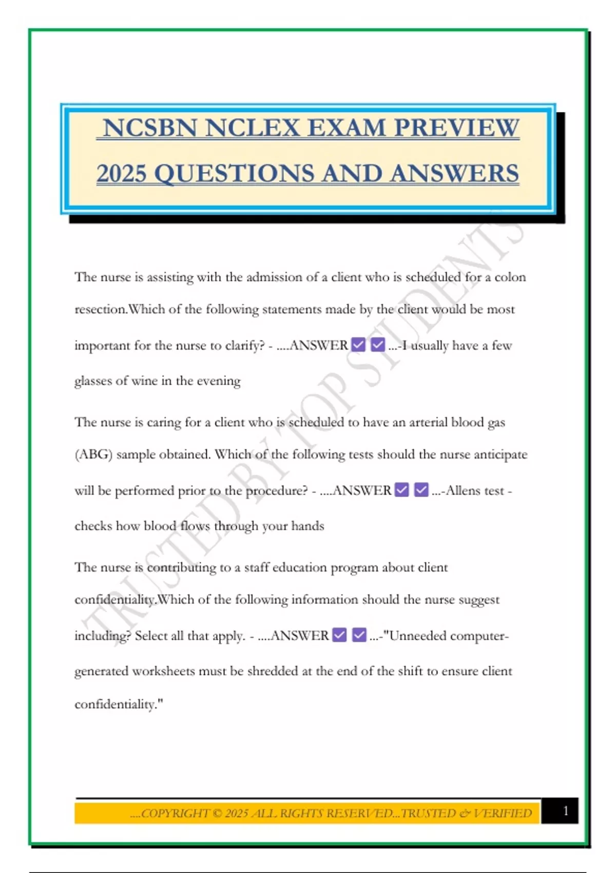 NCSBN NCLEX EXAM PREVIEW 2025 QUESTIONS AND ANSWERS - NCSBN NCLEX ...