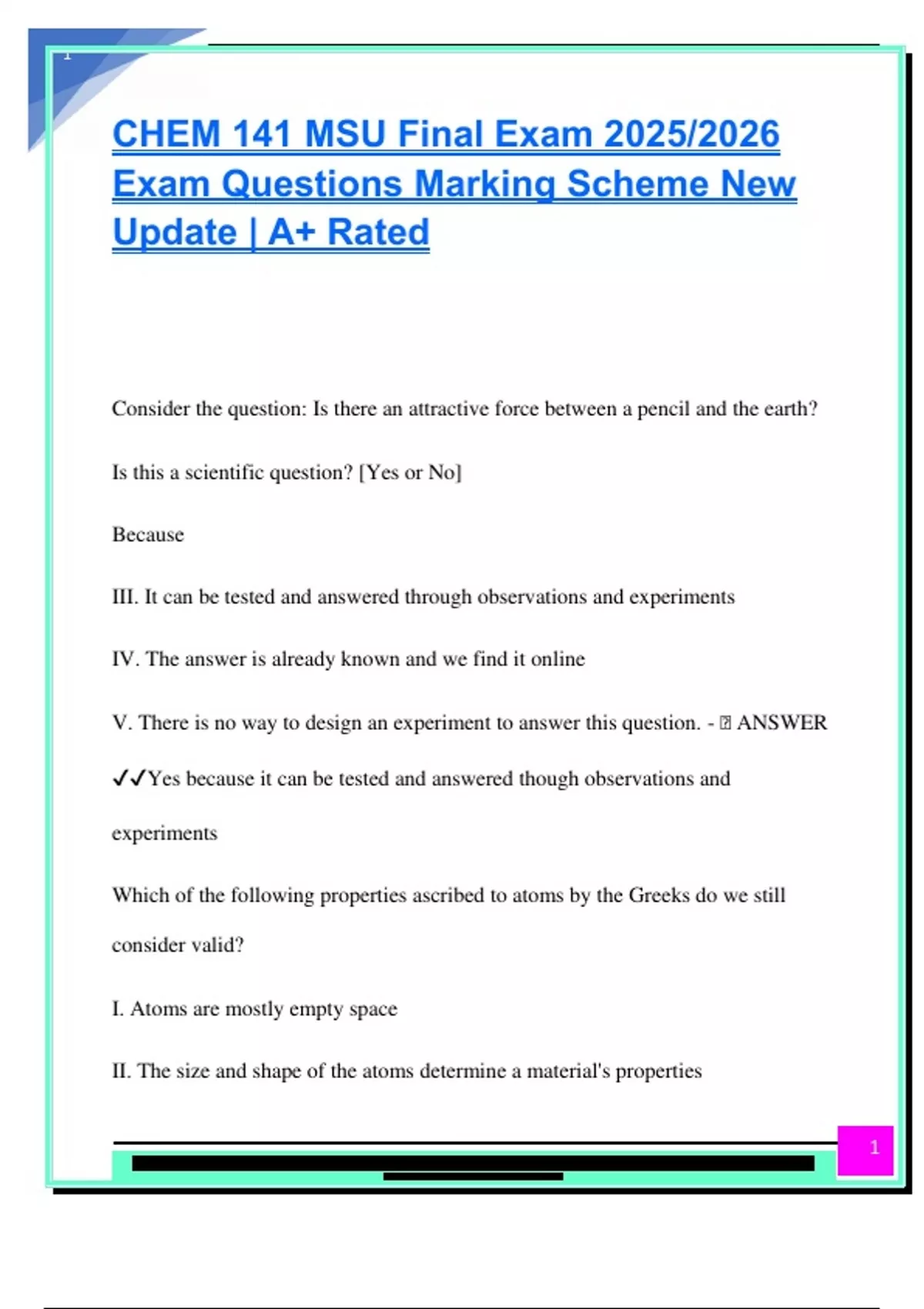 CHEM 141 MSU Final Exam 2025/2026 Exam Questions Marking Scheme New Update | A+ Rated - CHEM 141 ...