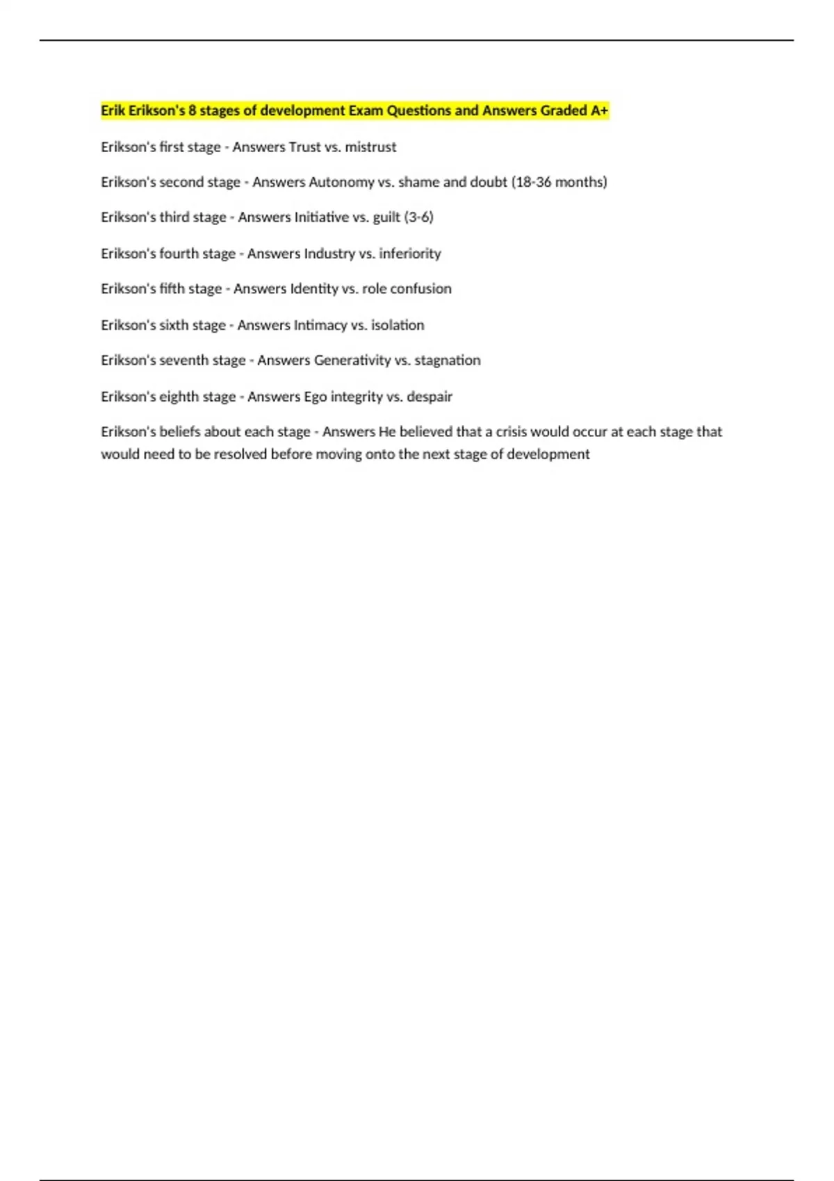 Erik Erikson's 8 stages of development Exam Questions and Answers ...