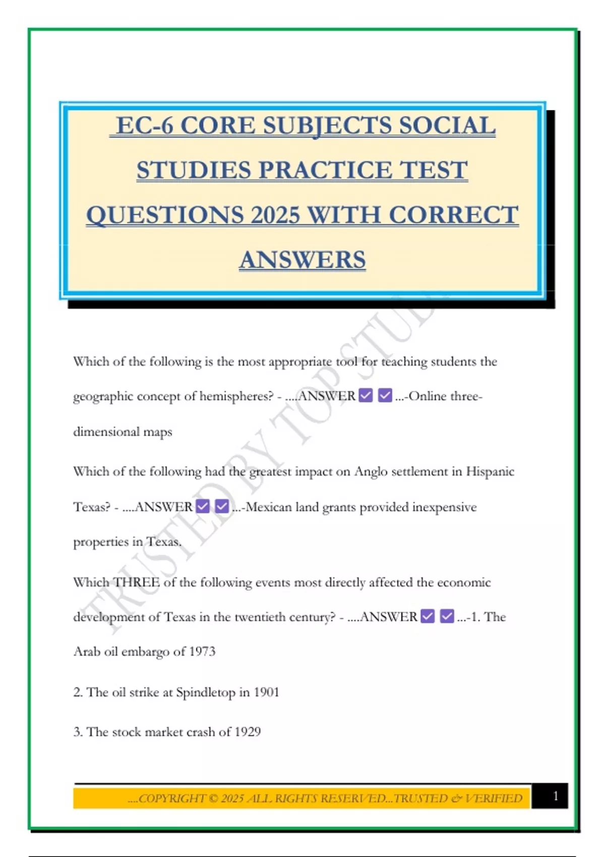 EC-6 CORE SUBJECTS SOCIAL STUDIES PRACTICE TEST QUESTIONS 2025 WITH ...