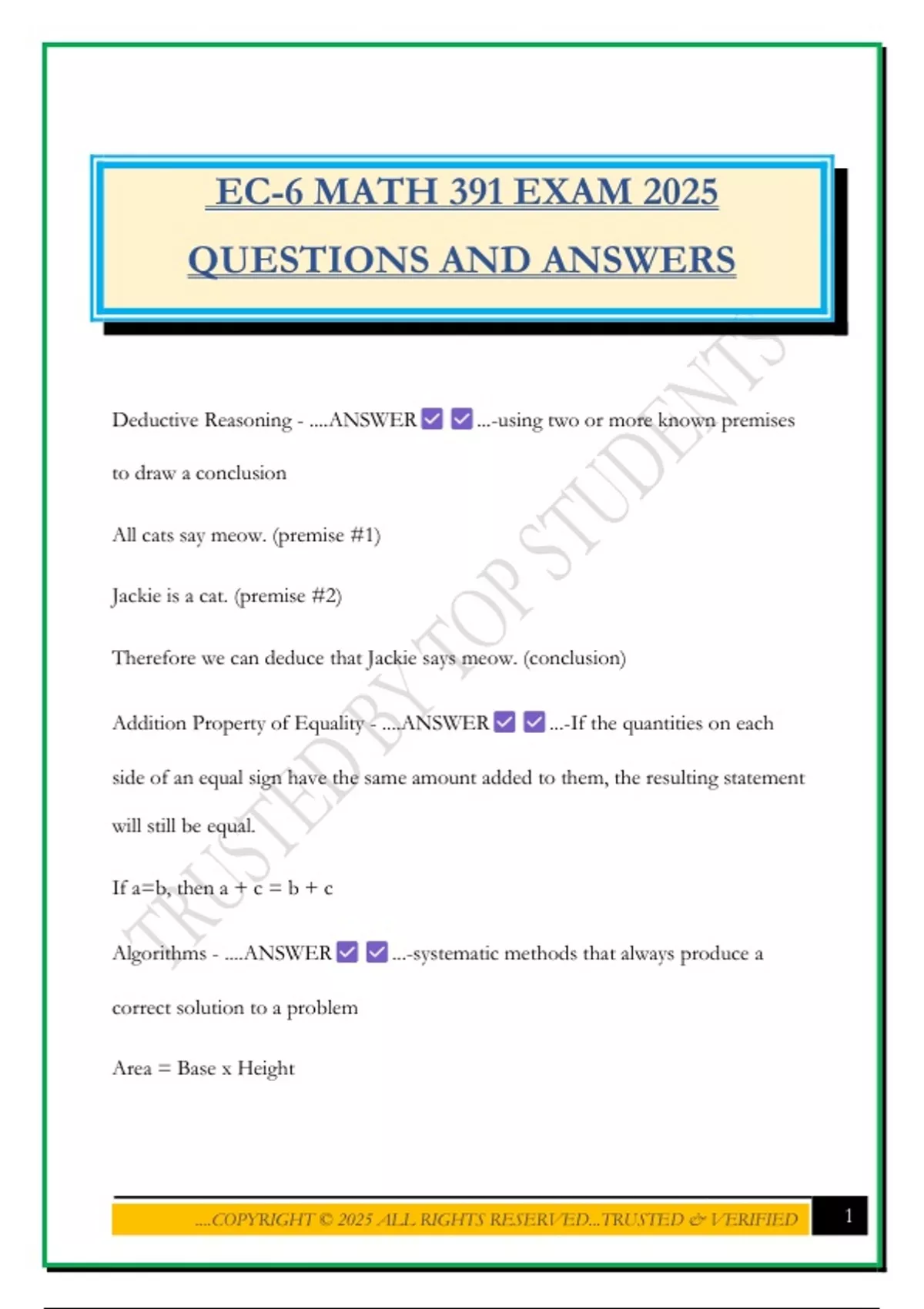 EC-6 MATH 391 EXAM 2025 QUESTIONS AND ANSWERS - TEXES CORE SUBJECTS EC ...