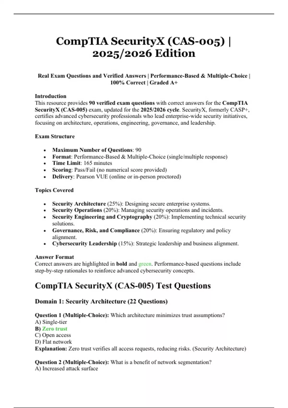 CompTIA SecurityX (CAS-005) | 2025/2026 Edition – Real Exam Questions and Verified Answers (100% ...