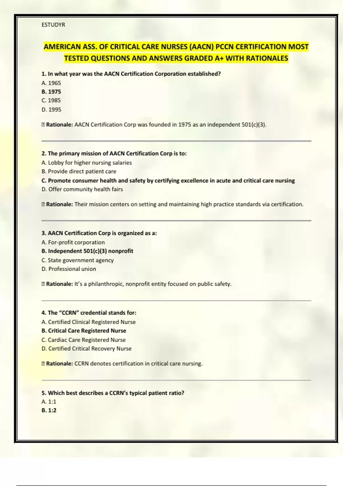 AMERICAN ASS. OF CRITICAL CARE NURSES (AACN) PCCN CERTIFICATION MOST ...