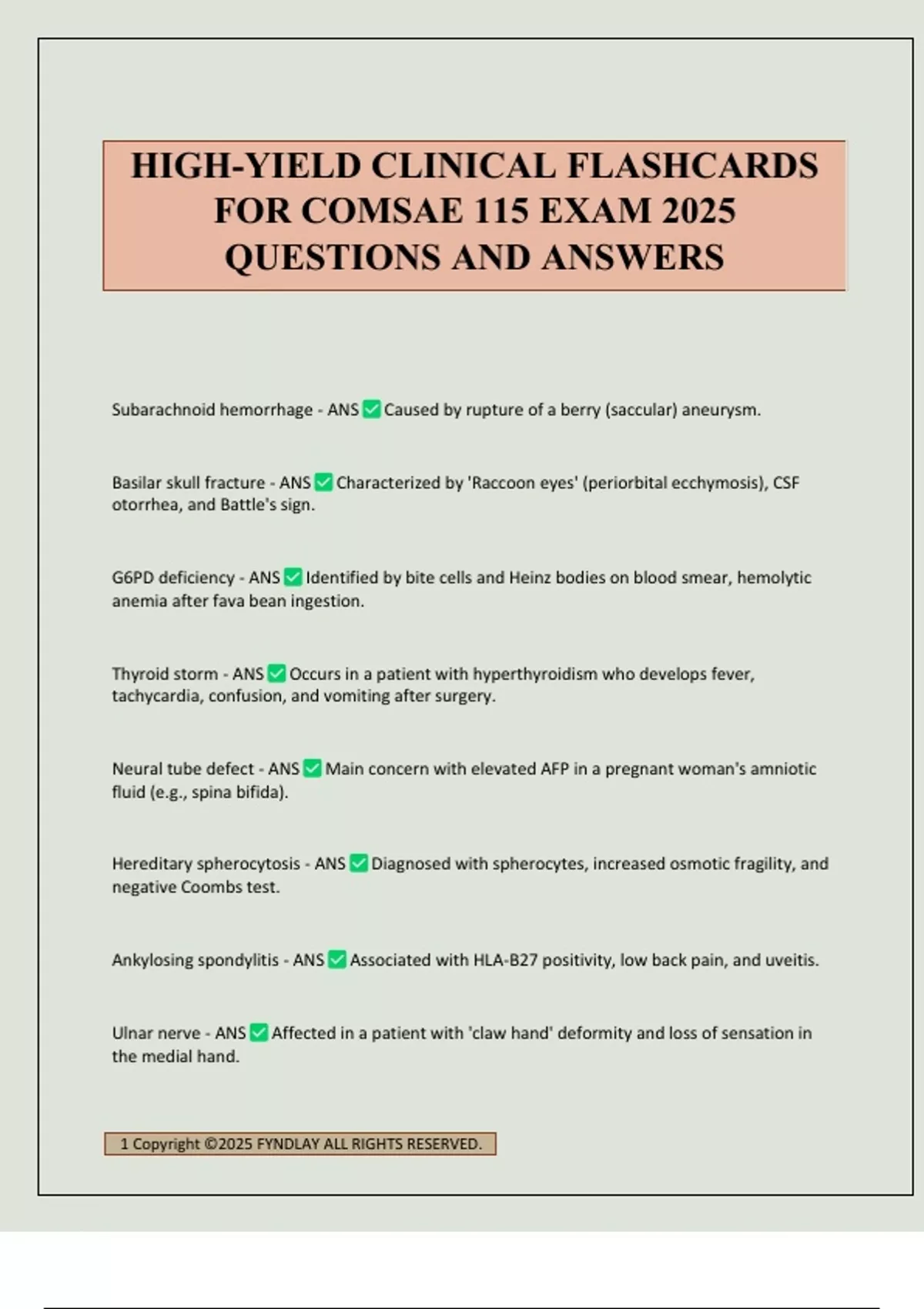 HIGH-YIELD CLINICAL FLASHCARDS FOR COMSAE 115 EXAM 2025 QUESTIONS AND ...