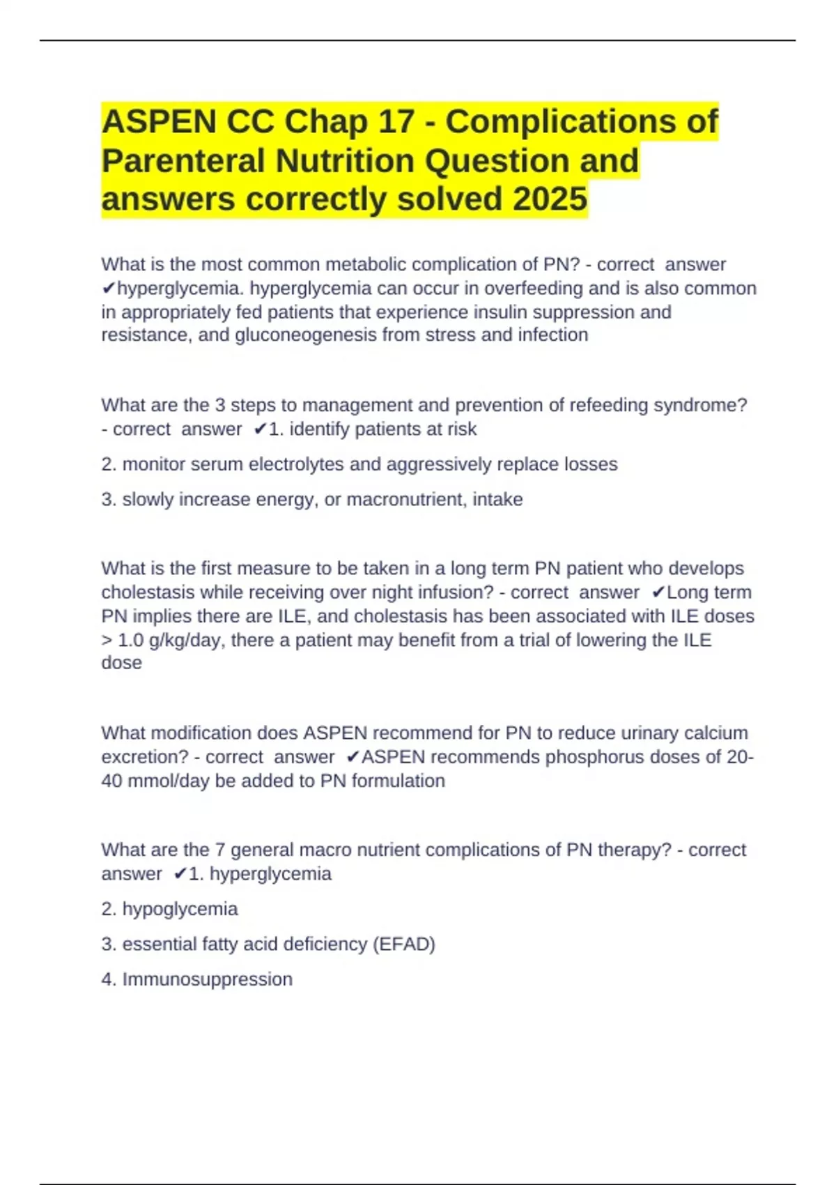 ASPEN CC Chap 17 - Complications of Parenteral Nutrition Question and answers correctly solved ...
