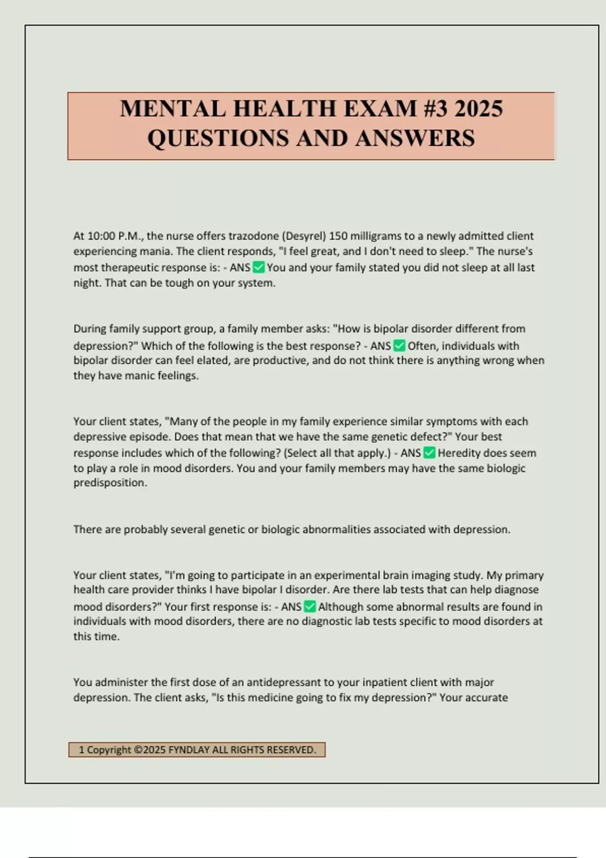 MENTAL HEALTH EXAM #3 2025 QUESTIONS AND ANSWERS - MENTAL HEALTH ...