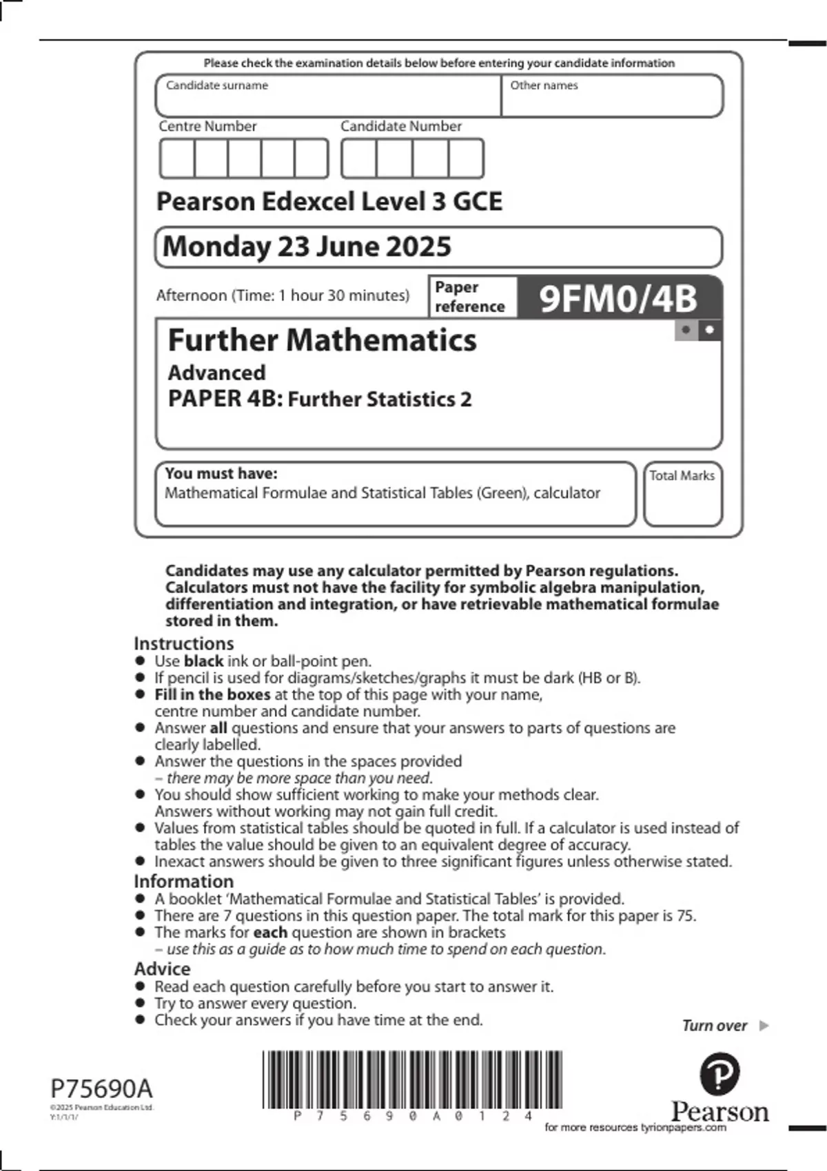 EDEXCEL A LEVEL MAY JUNE 2025 FURTHER MATHS PAPER 4B FURTHER STATISTICS ...