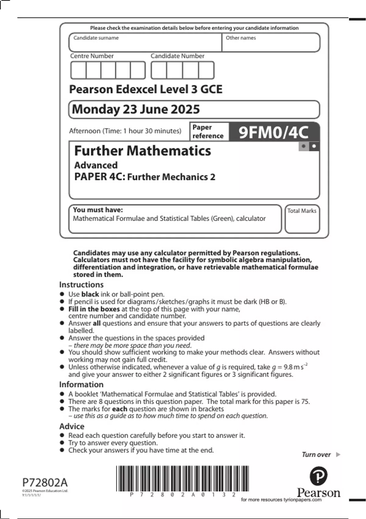 EDEXCEL A LEVEL MAY JUNE 2025 FURTHER MATHS PAPER 4C FURTHER MECHANICS ...