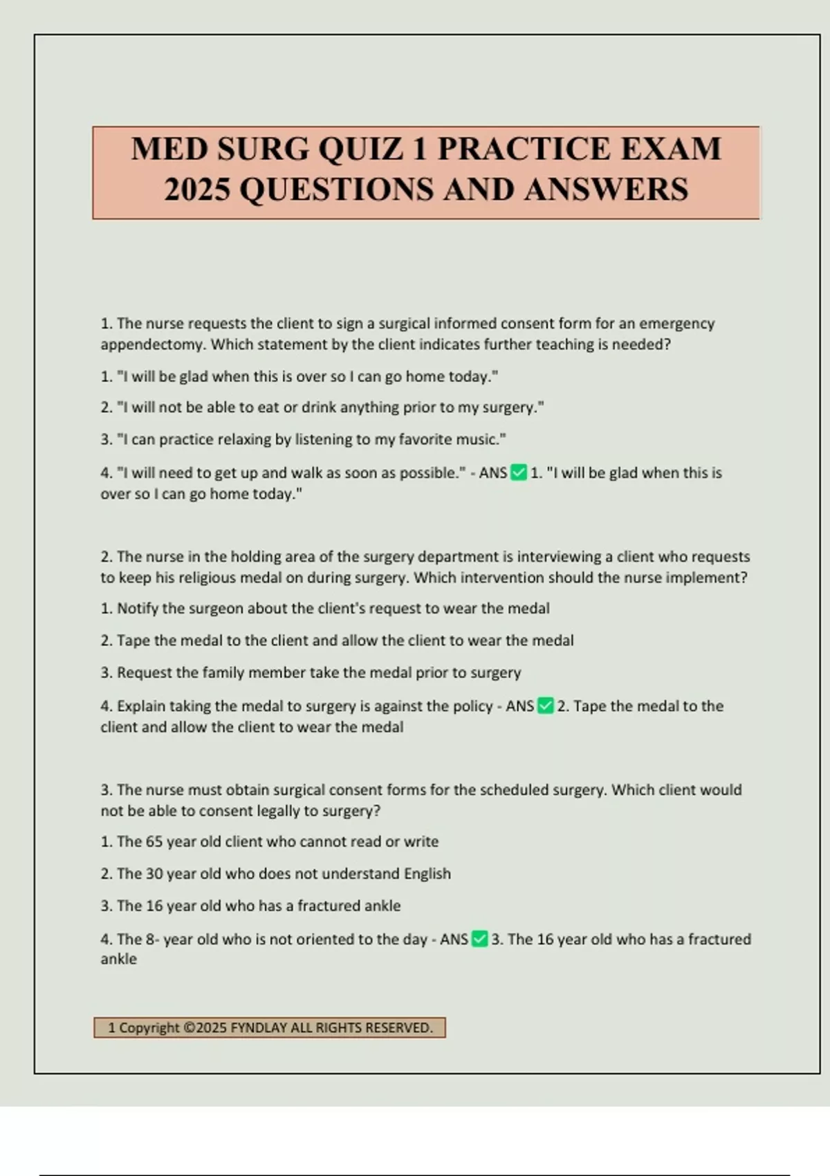 MED SURG QUIZ 1 PRACTICE EXAM 2025 QUESTIONS AND ANSWERS - MED SURG ...