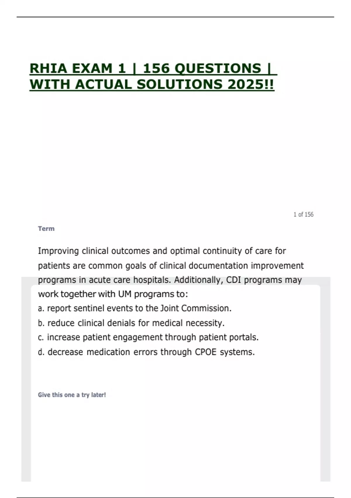 RHIA EXAM 1 | 156 QUESTIONS | WITH ACTUAL SOLUTIONS 2025!! - RHIA ...