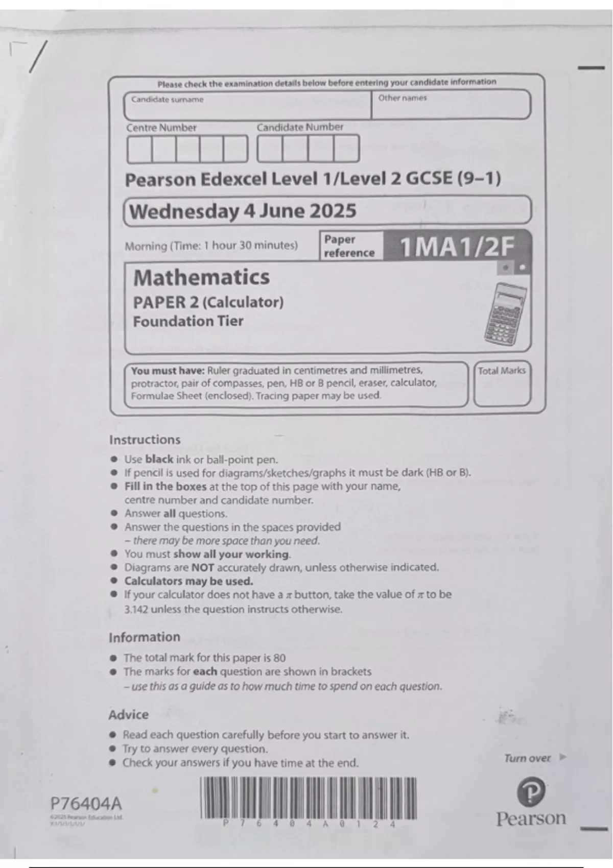 EDEXCEL GCSE 2025 MATHS FOUNDATION TIER PAPER 1 2 3 QUESTION PAPER ...