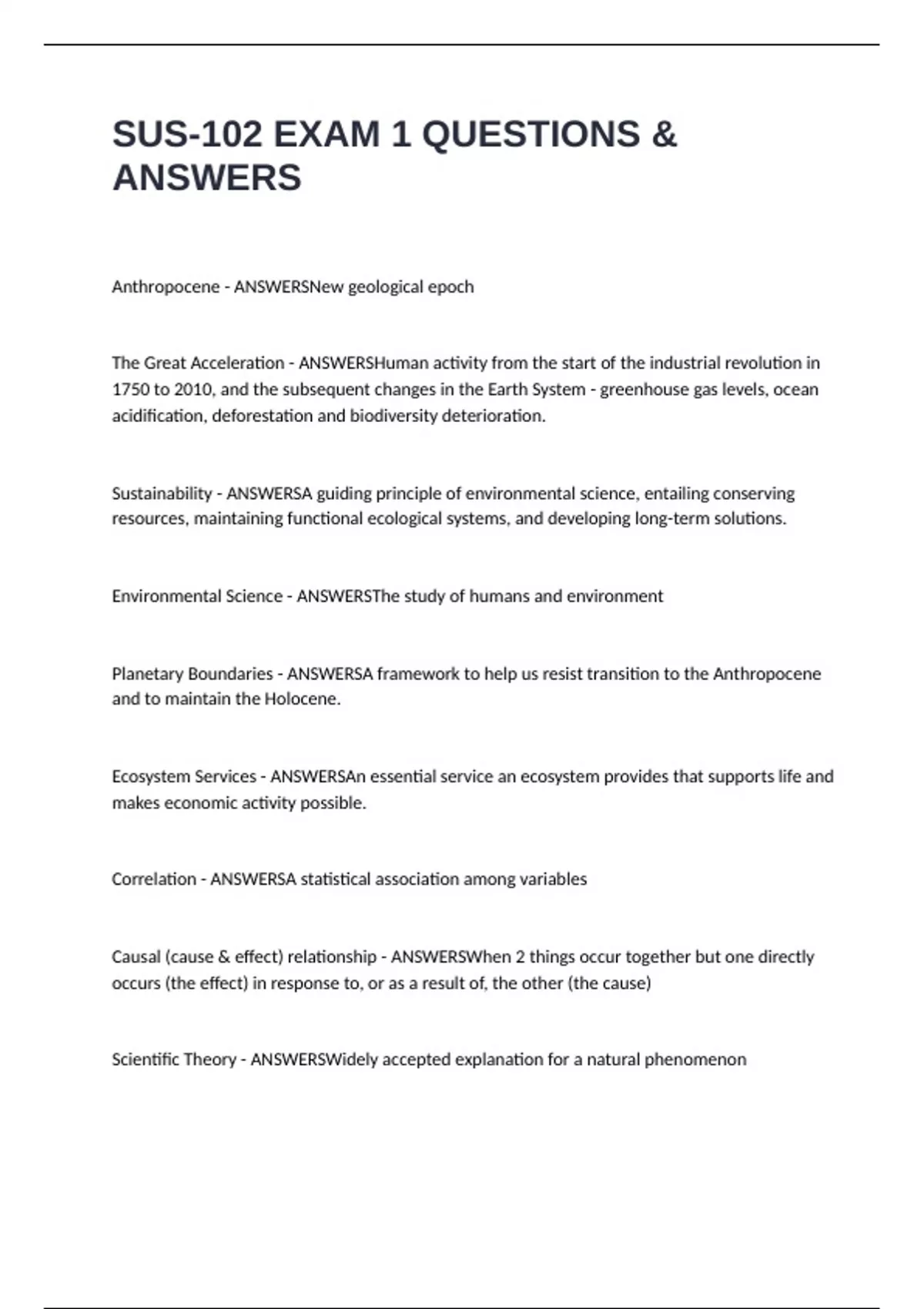 SUS-102 EXAM 1 QUESTIONS & ANSWERS - SUS-102 - Stuvia US