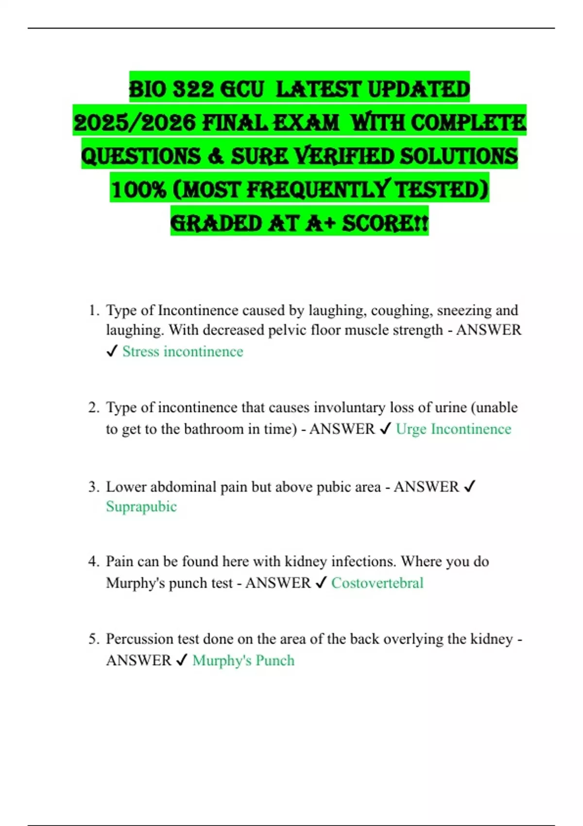 BIO 322 GCU LATEST UPDATED 2025/2026 FInAL ExAm WITH COmPLETE QUESTIOnS ...