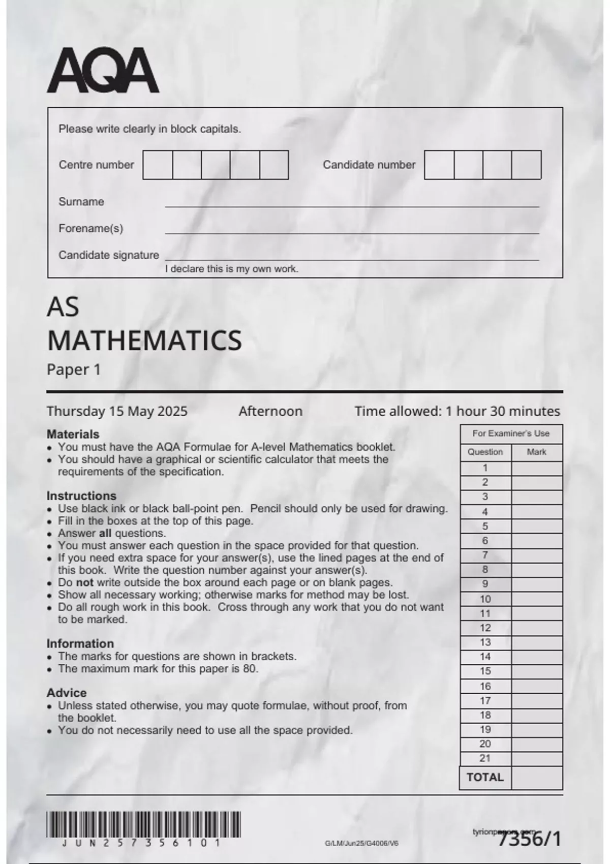 AQA AS LEVEL 2025 MATHS 7356 PAPER 1 QP .pdf - 2025 - Stuvia US