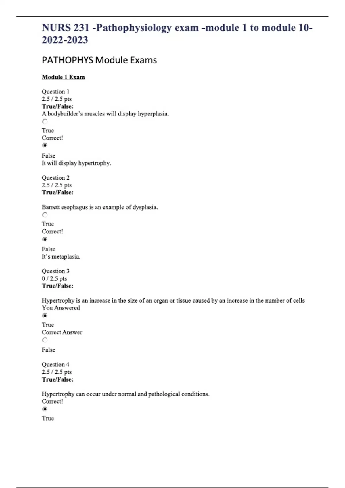 NURS 231 Pathophysiology exam module 1 to module 10 Questions with ...