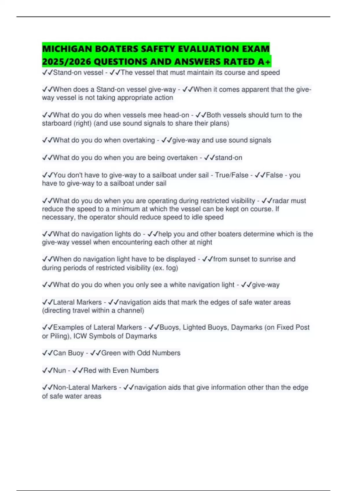 MICHIGAN BOATERS SAFETY EVALUATION EXAM 2025.pdf 1. Document ...