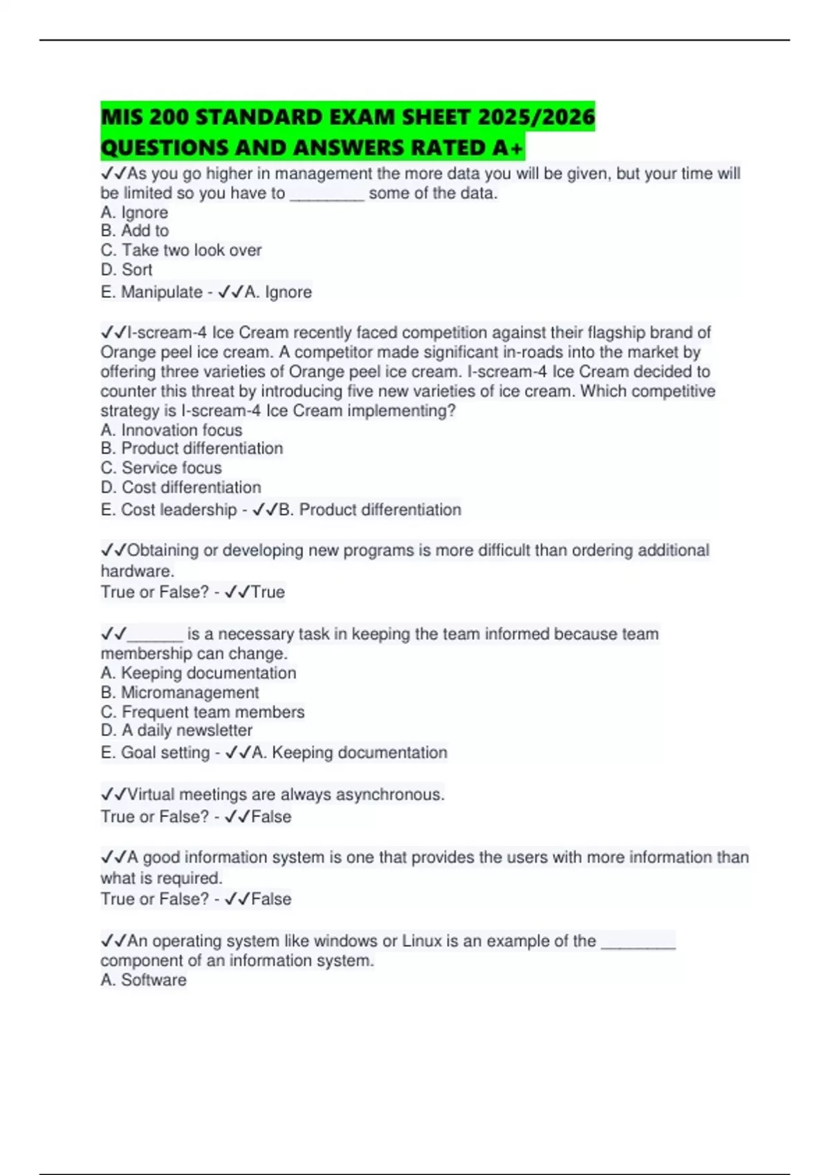 MIS 200 STANDARD EXAM SHEET 2025/2026 QUESTIONS AND ANSWERS RATED A+ ...