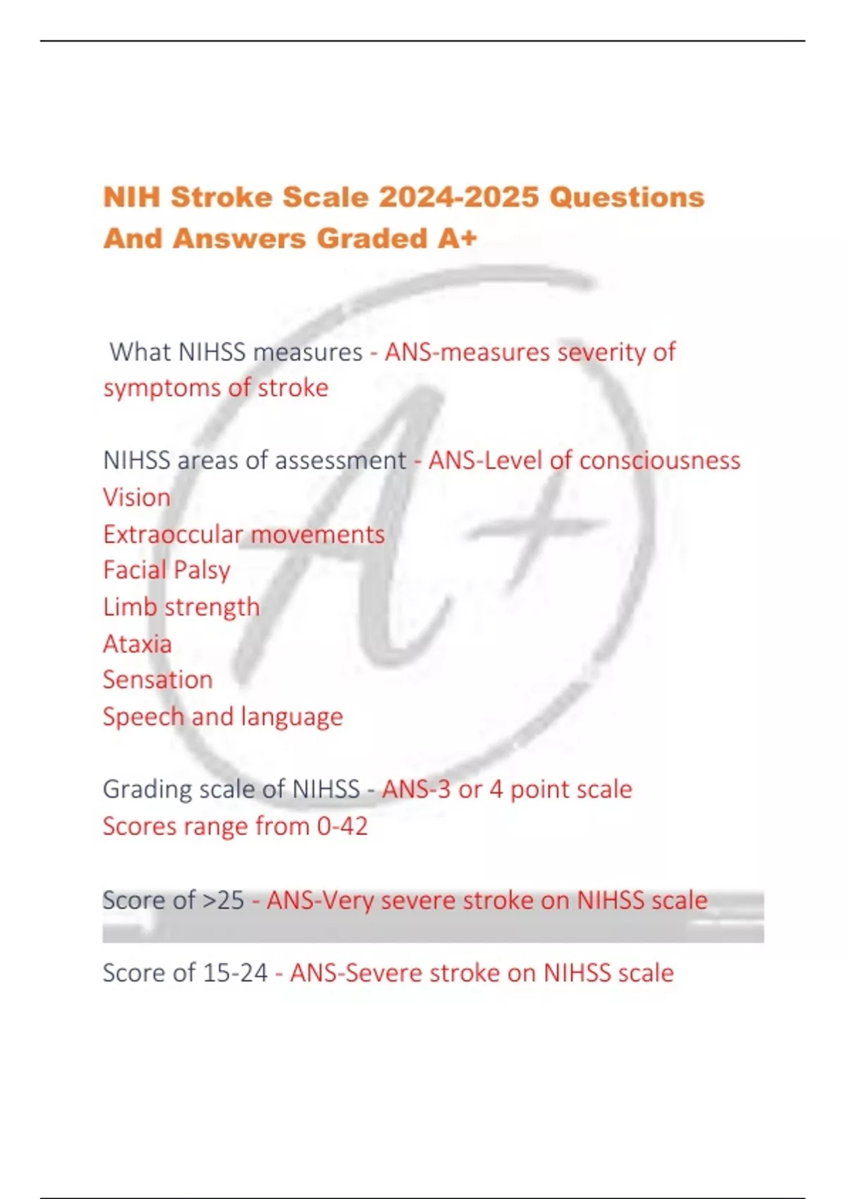 NIH Stroke Scale Questions And Answers Graded A+ - NIH Stroke Scale ...