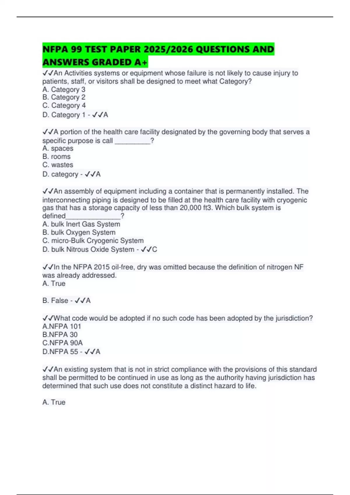 NFPA 99 TEST PAPER 2025/2026 QUESTIONS AND ANSWERS GRADED A+ - NFPA 99 ...