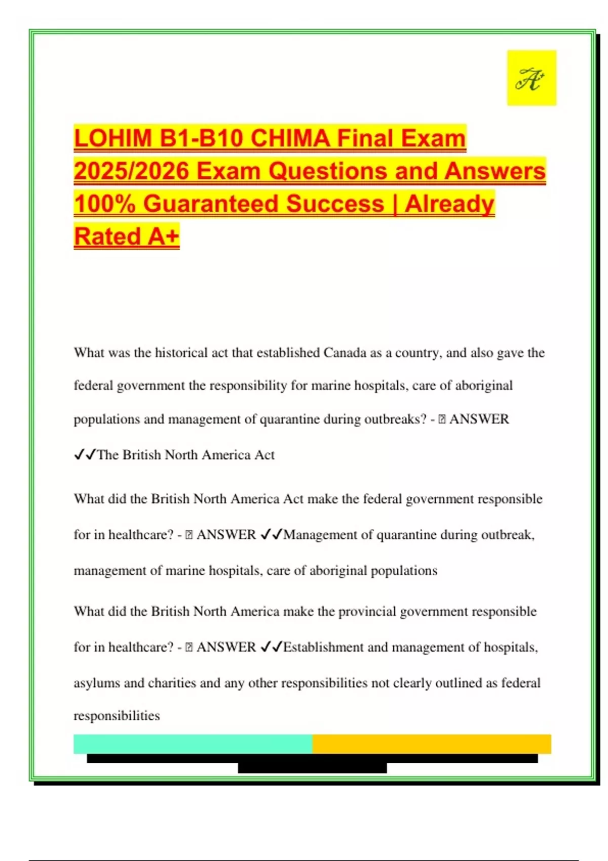 LOHIM B1-B10 CHIMA Final Exam 2025/2026 Exam Questions and Answers 100% ...