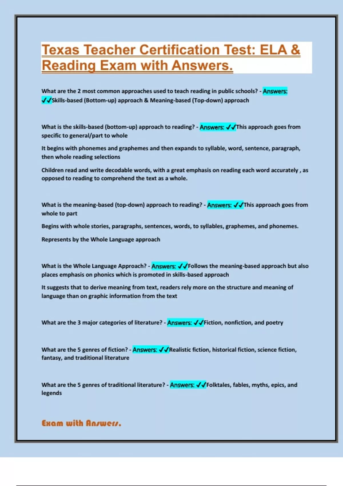 Texas Teacher Certification Test: ELA & Reading Exam with Answers 2025/ ...