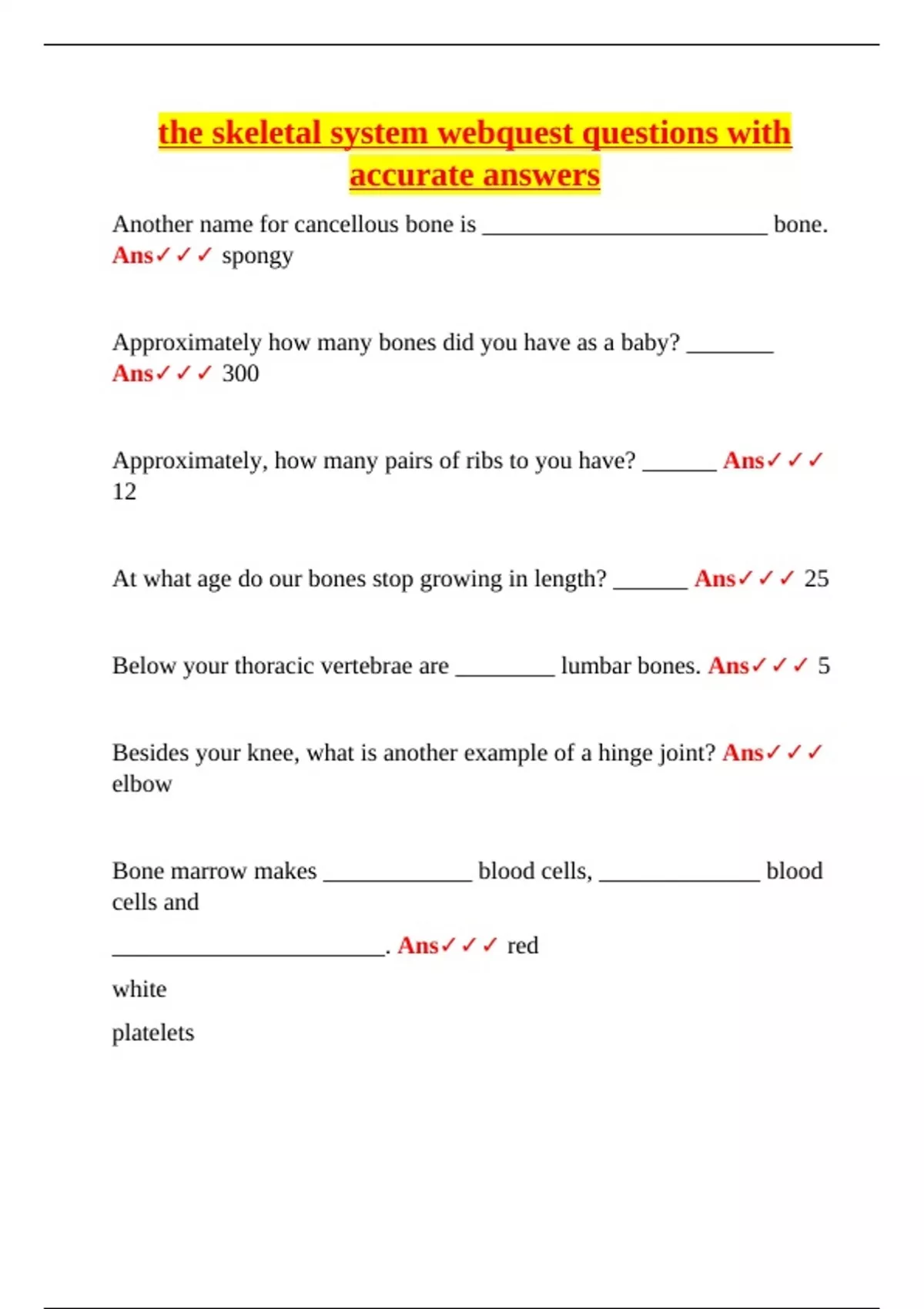 the skeletal system webquest questions with accurate answers ...