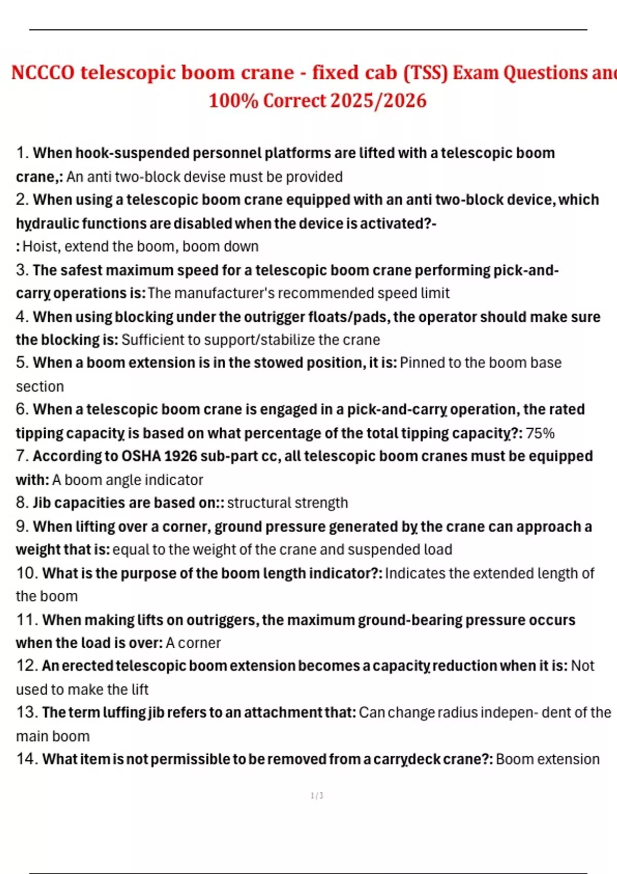 NCCCO Telescopic Boom Crane – Fixed Cab (TSS) Exam Questions and 100% ...