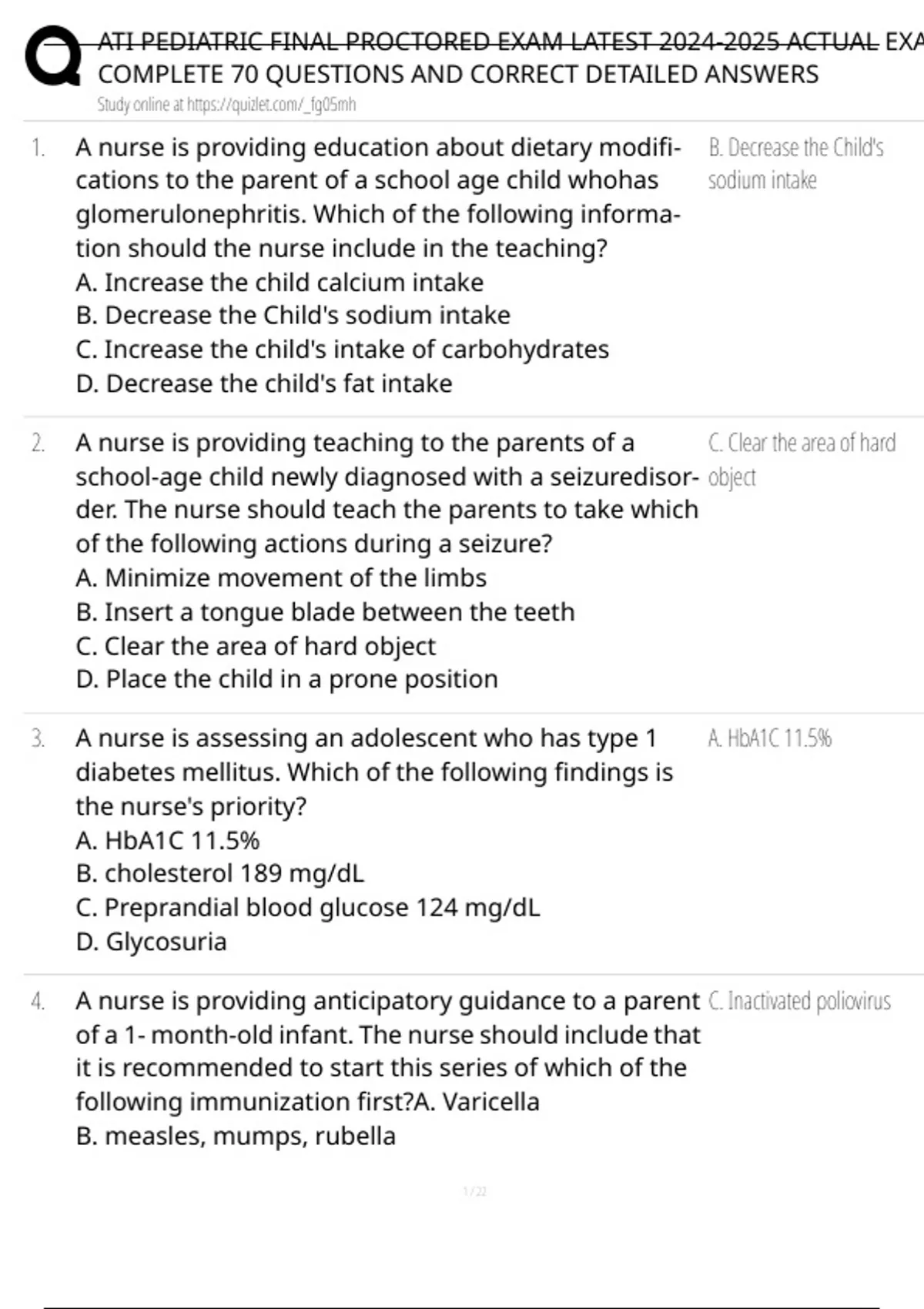 ATI PEDIATRIC FINAL PROCTORED EXAM LATEST ACTUAL EXAM COMPLETE 70 ...