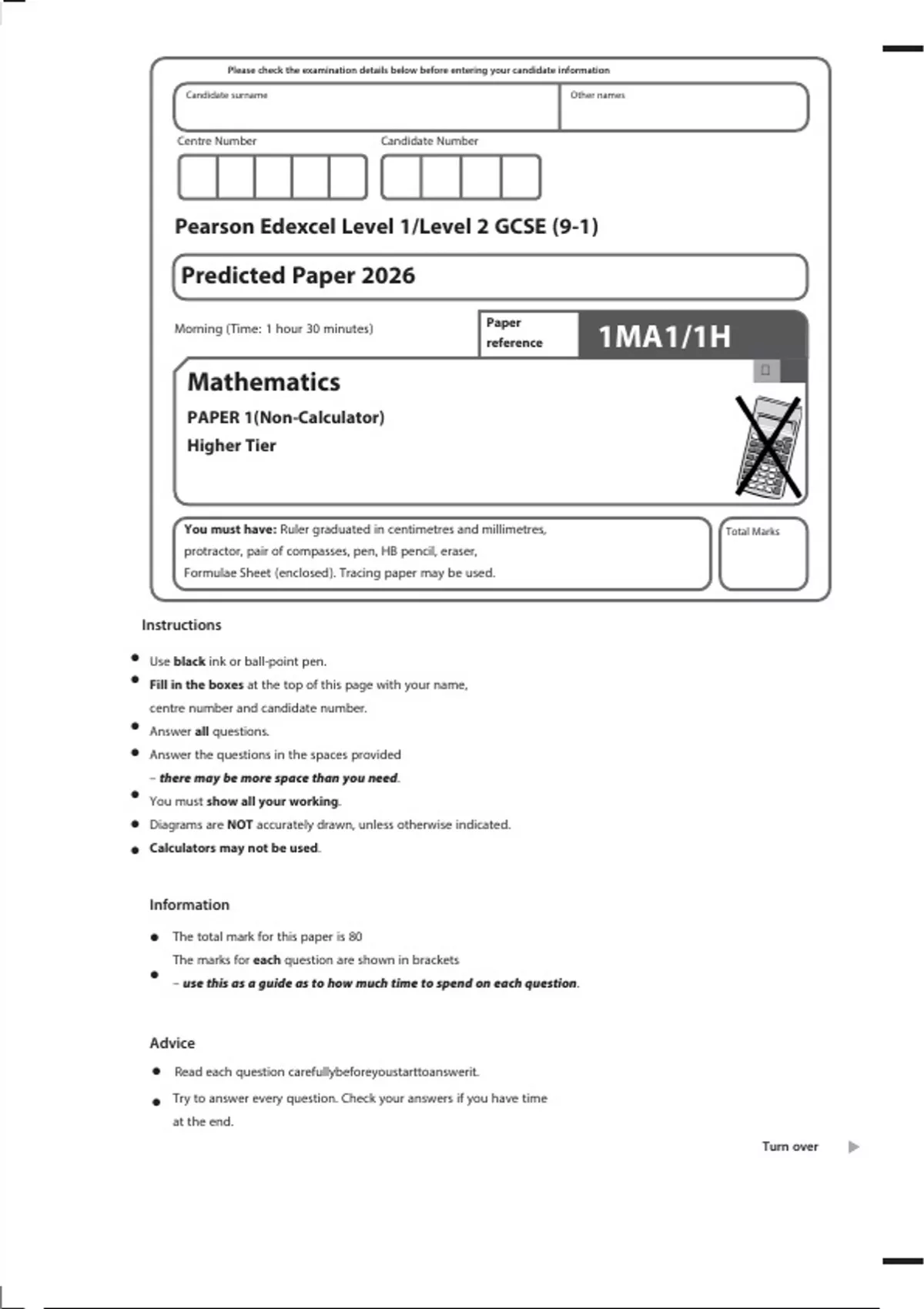Edexcel GCSE Mathematics (1MA1) – 2026 Practice Paper - Maths - Stuvia UK