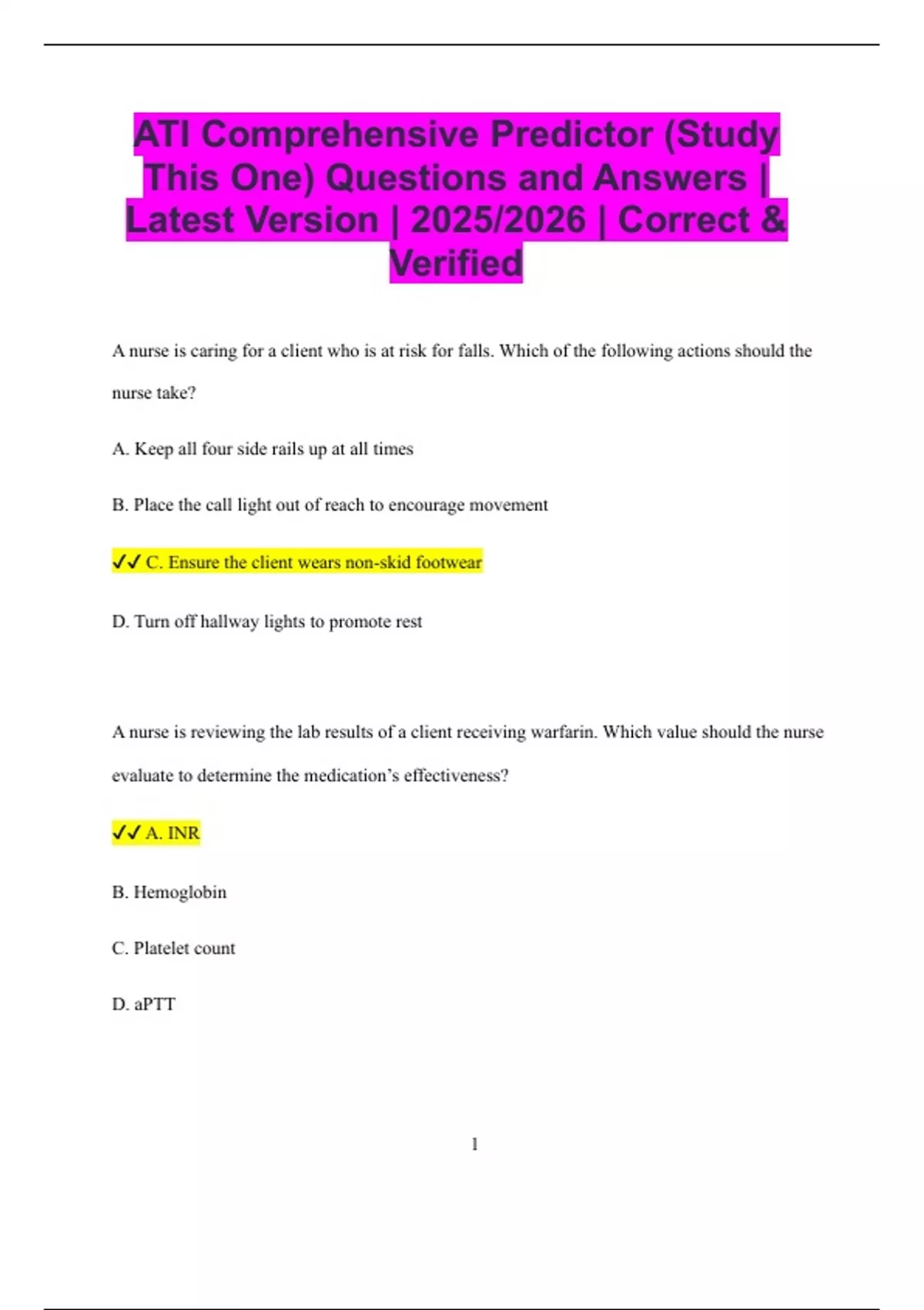 ATI Comprehensive Predictor (Study This One) Questions and Answers ...