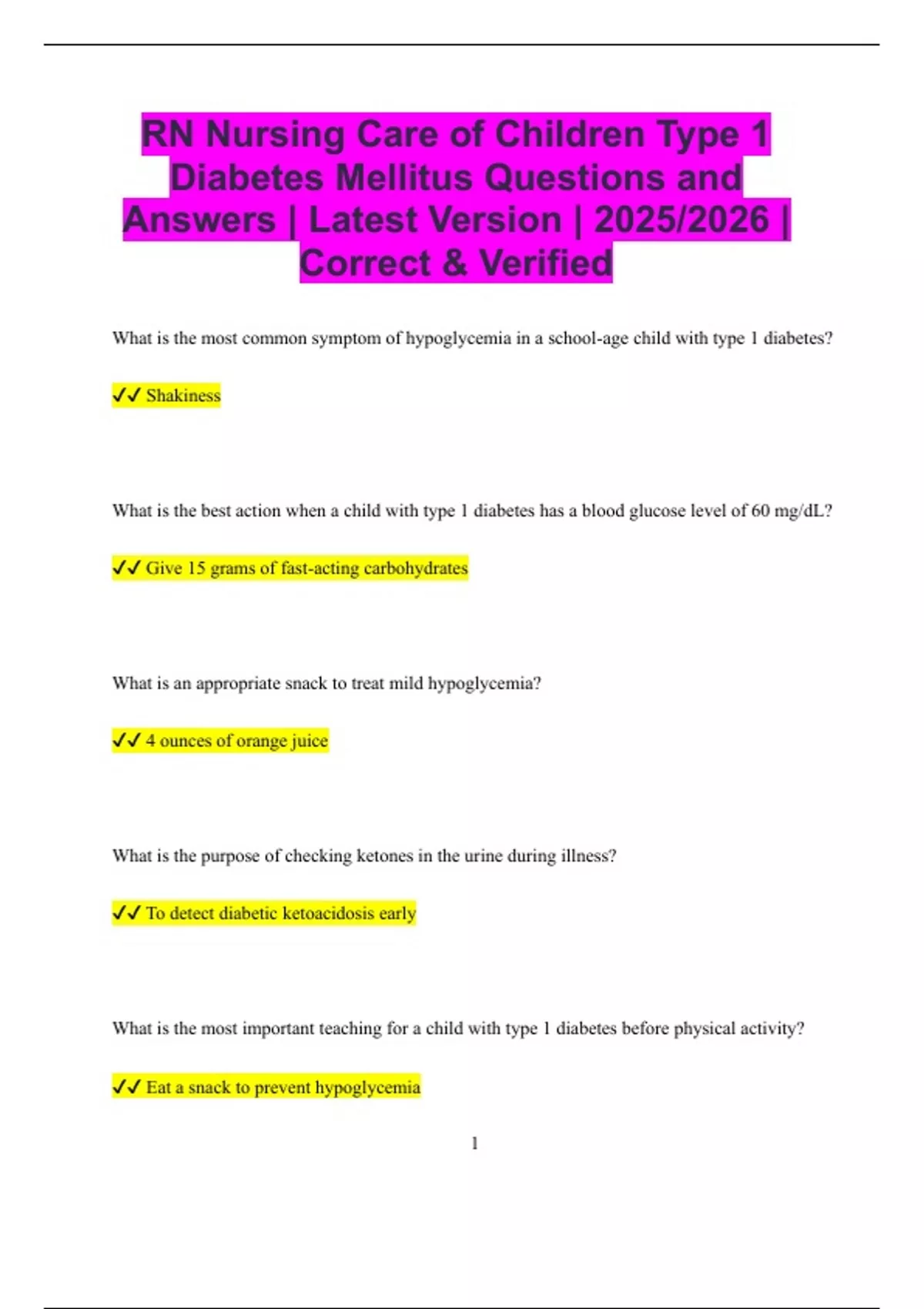 RN Nursing Care of Children Type 1 Diabetes Mellitus Questions and ...