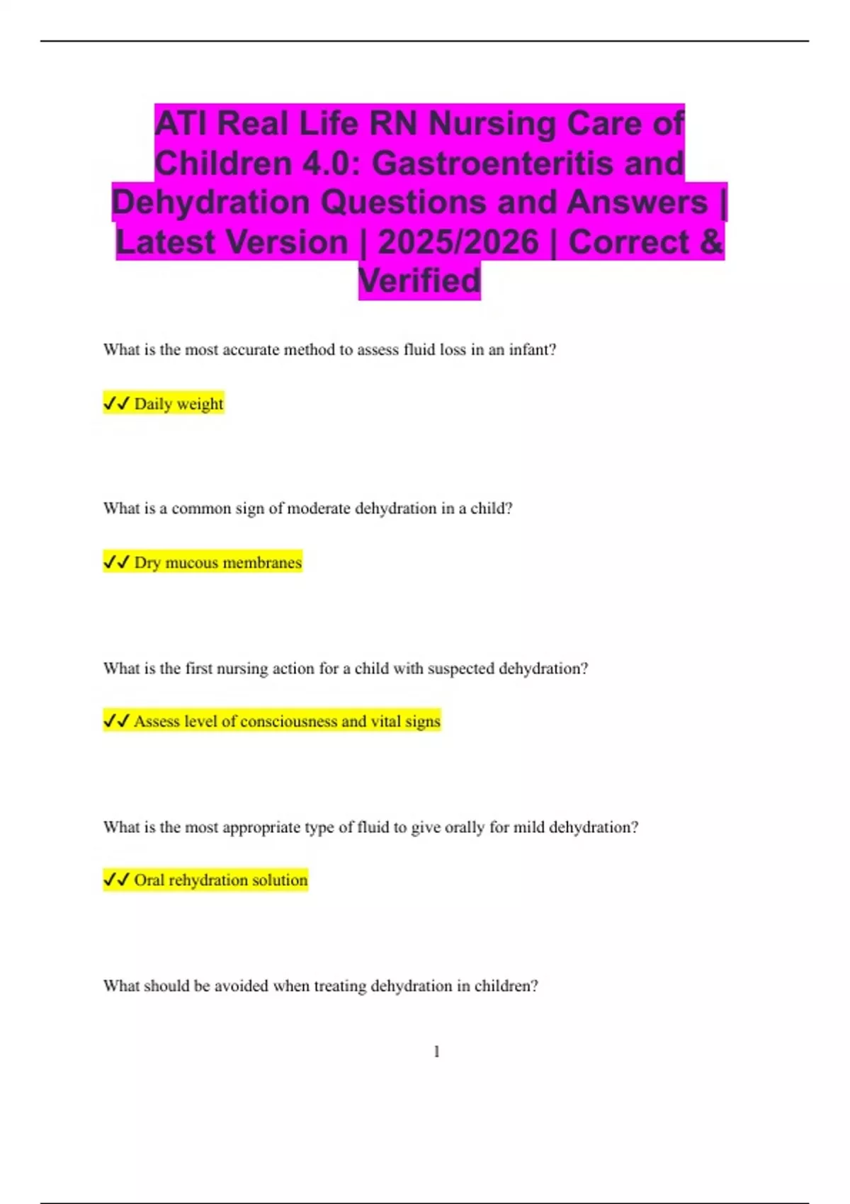 ATI Real Life RN Nursing Care of Children 4.0: Gastroenteritis and ...