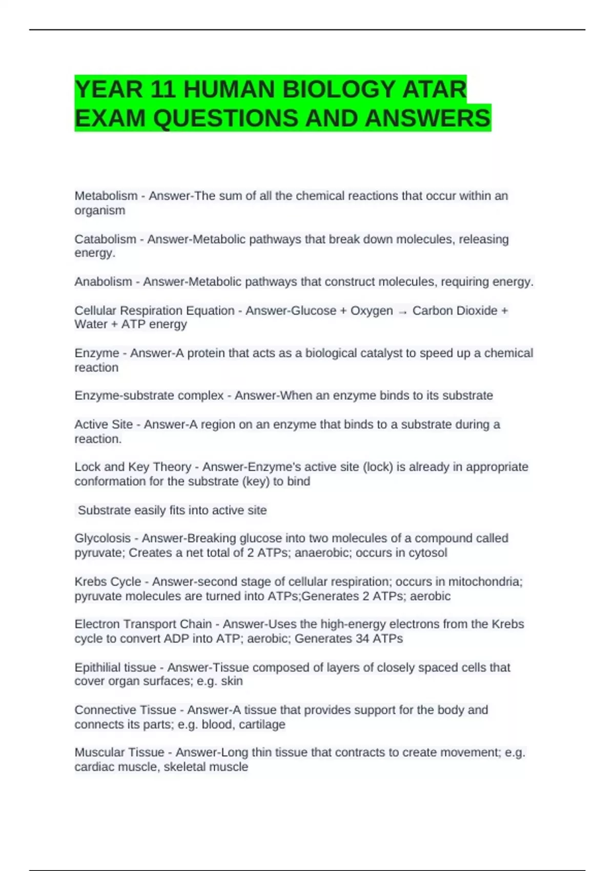 YEAR 11 HUMAN BIOLOGY ATAR EXAM QUESTIONS AND ANSWERS - YEAR 11 HUMAN ...