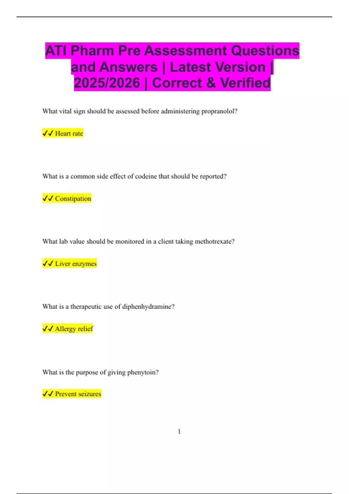 ATI Pharm Pre Assessment Questions and Answers | Latest Version | 2025/ ...