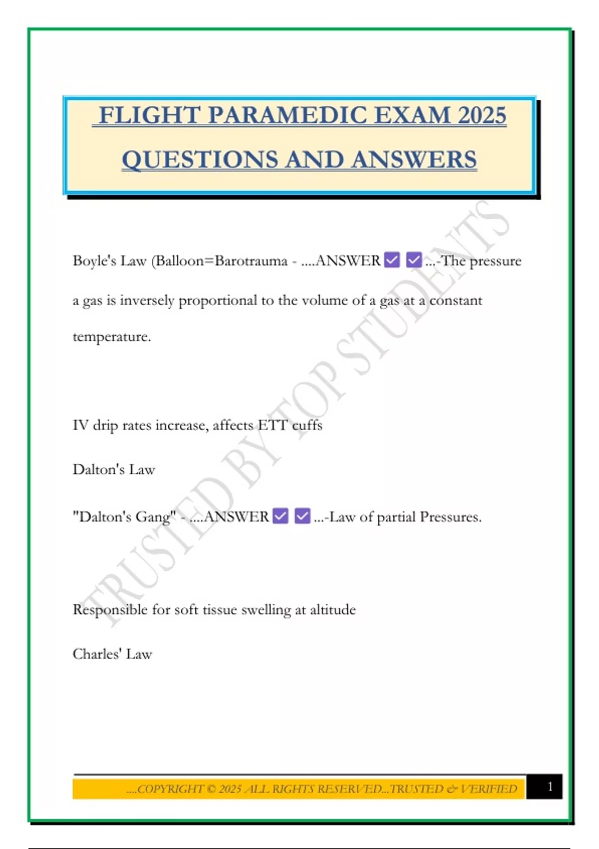 FLIGHT PARAMEDIC EXAM 2025 QUESTIONS AND ANSWERS - Flight Paramedic ...