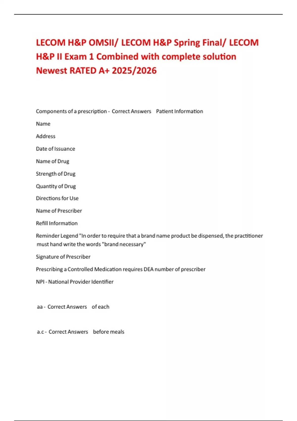 LECOM H&P OMSII/ LECOM H&P Spring Final/ LECOM H&P II Exam 1 Combined ...