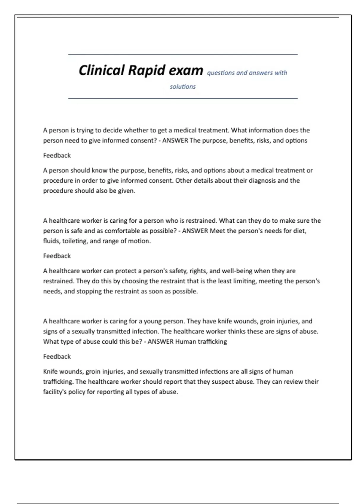 Clinical Rapid exam questions and answers with solutions ...