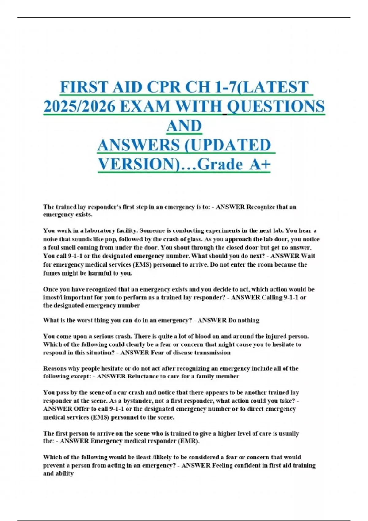 FIRST AID CPR CH 1-7(LATEST 2025/2026 EXAM WITH QUESTIONS AND ANSWERS ...