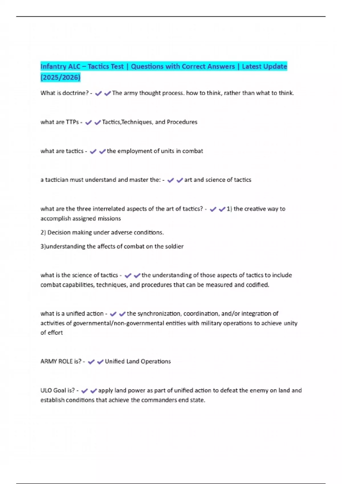 Infantry ALC – Tactics Test | Questions with Correct Answers | Latest ...