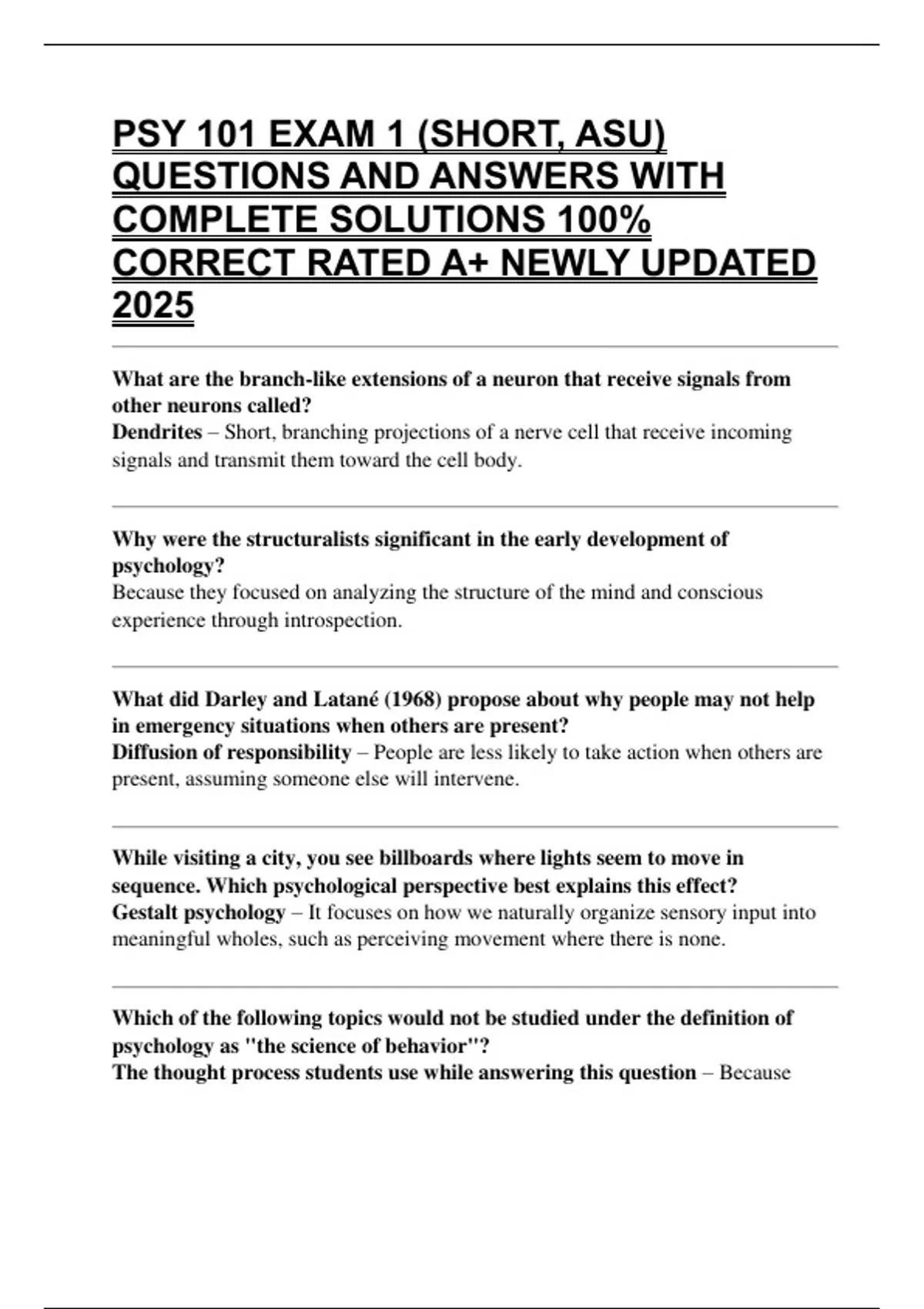 PSY 101 EXAM 1 (SHORT, ASU) QUESTIONS AND ANSWERS WITH COMPLETE SOLUTIONS 100% CORRECT RATED A+ ...