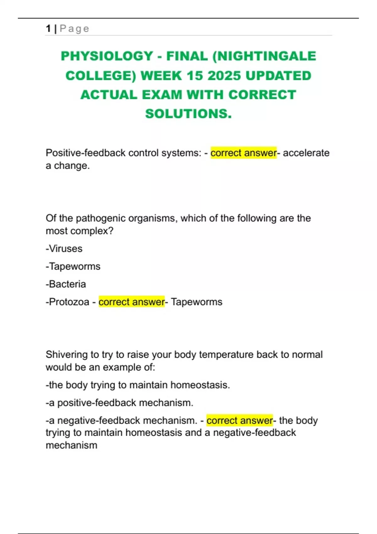 PHYSIOLOGY - FINAL (NIGHTINGALE COLLEGE) WEEK 15 2025 UPDATED ACTUAL ...