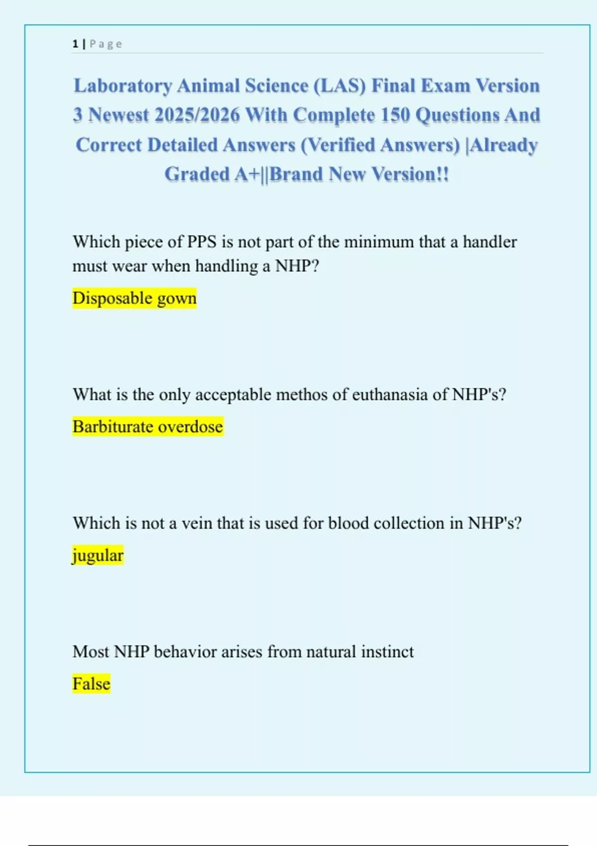 Laboratory Animal Science (LAS) Final Exam Version 3 Newest 2025/2026 ...