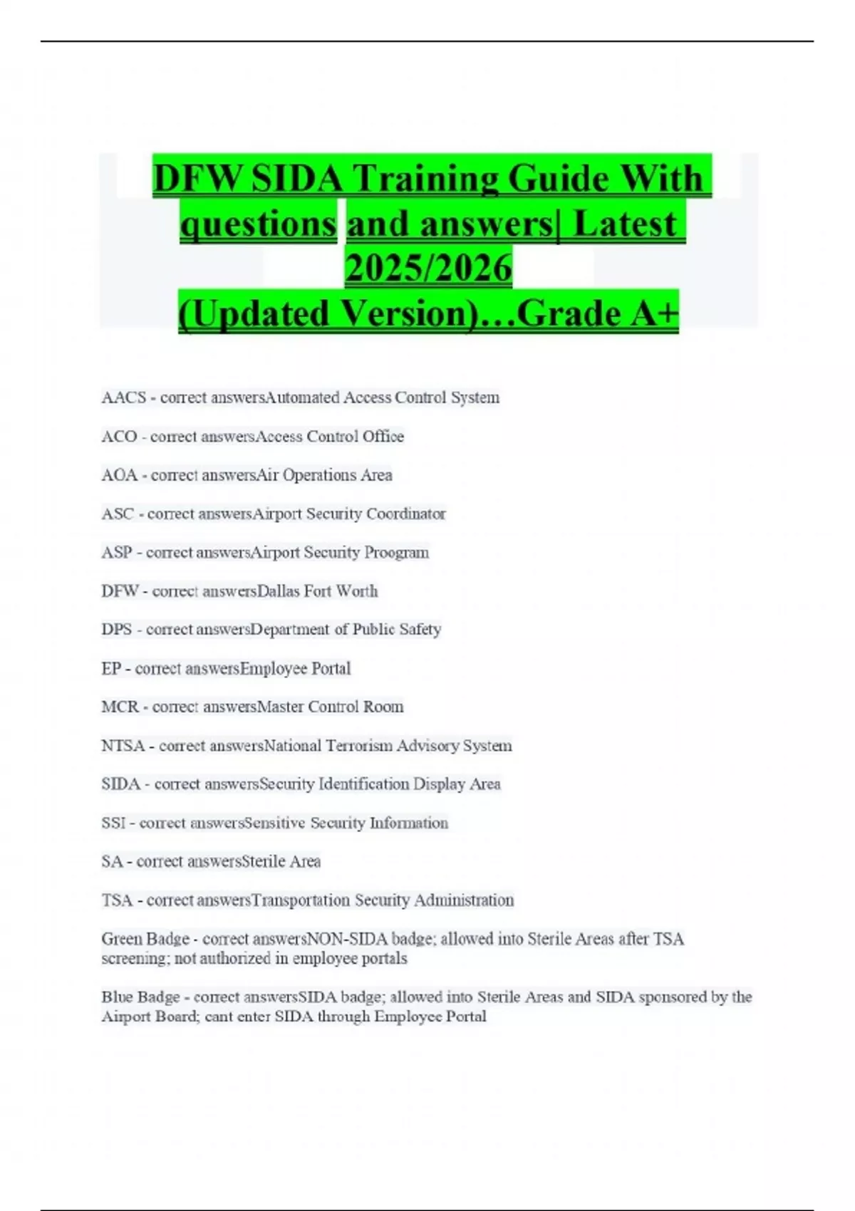DFW SIDA Training Guide With questions and answers| Latest 2025/2026 ...